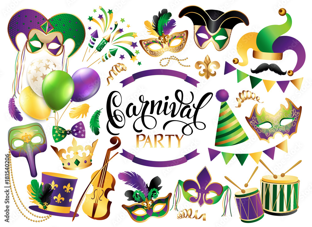 Mardi Gras French traditional symbols collection - carnival masks ...