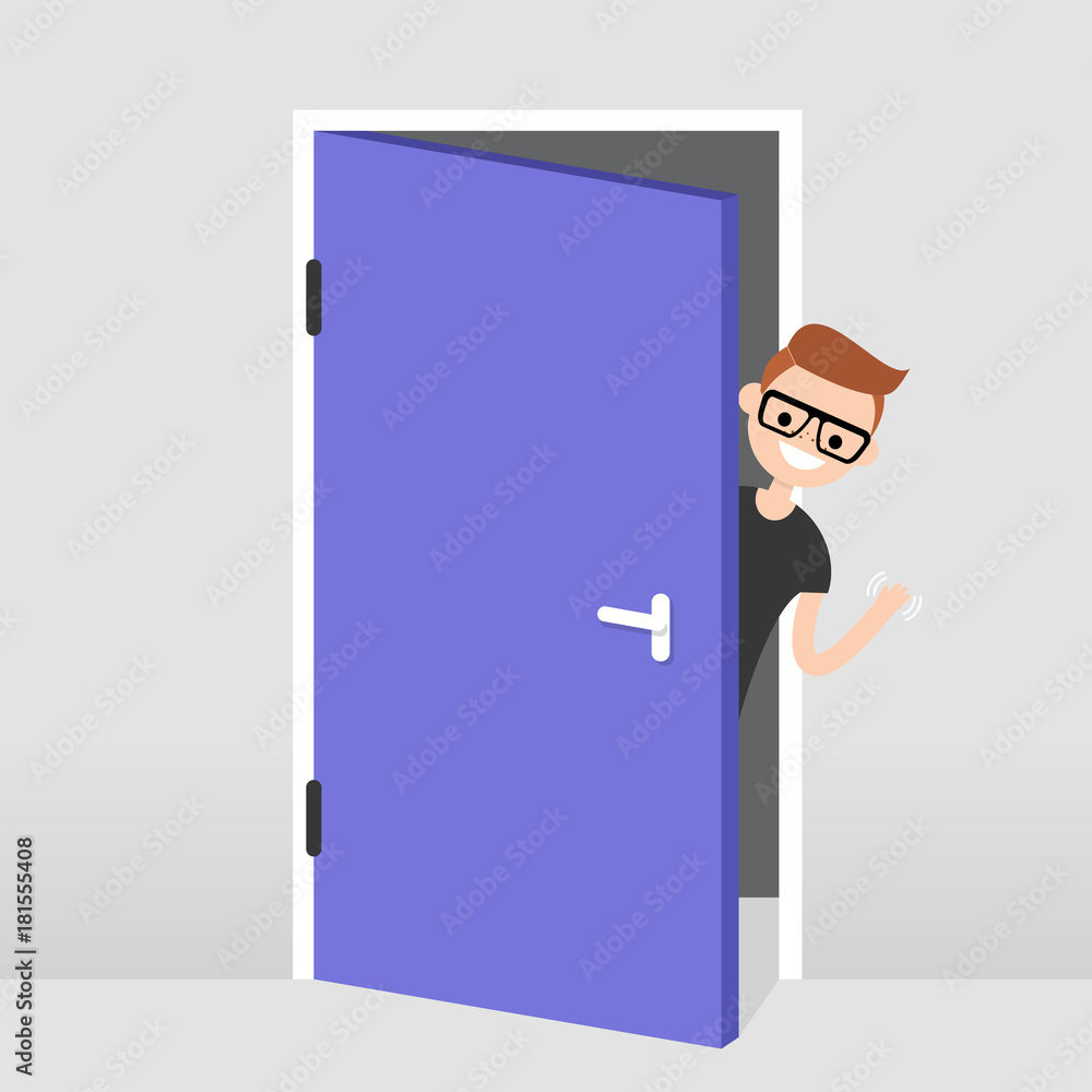 Young character peeking out from behind the door. Hello or Goodbye hand ...