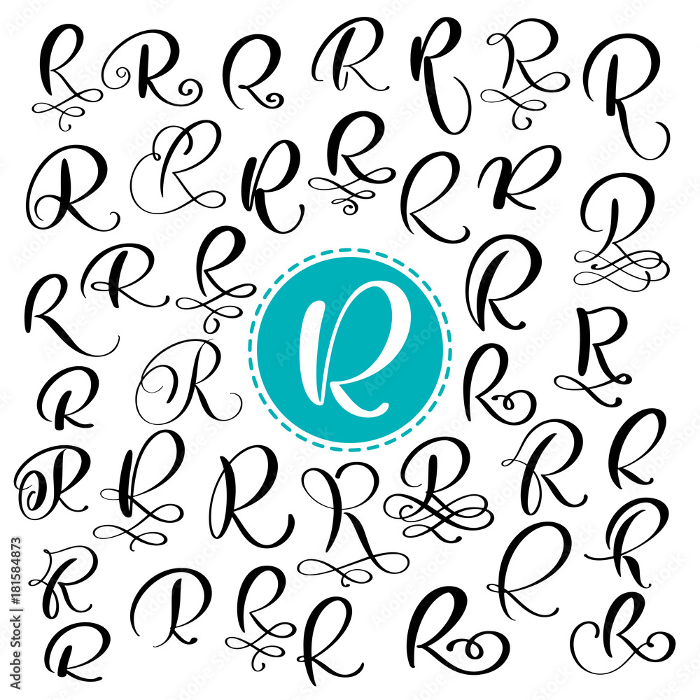 Set letter R. Hand drawn vector flourish calligraphy. Script font ...
