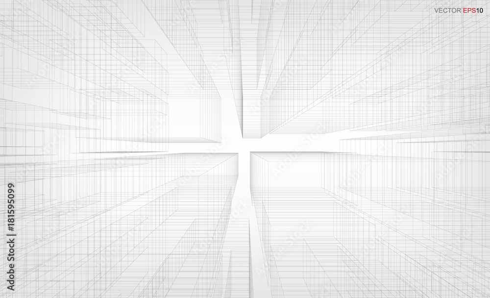 Abstract visual zoom background of 3D geometric wireframe render ...