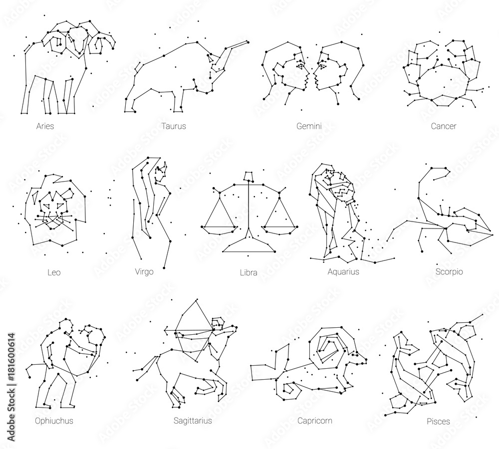 Horoscope, all Zodiac animals in constellation forms with line and ...