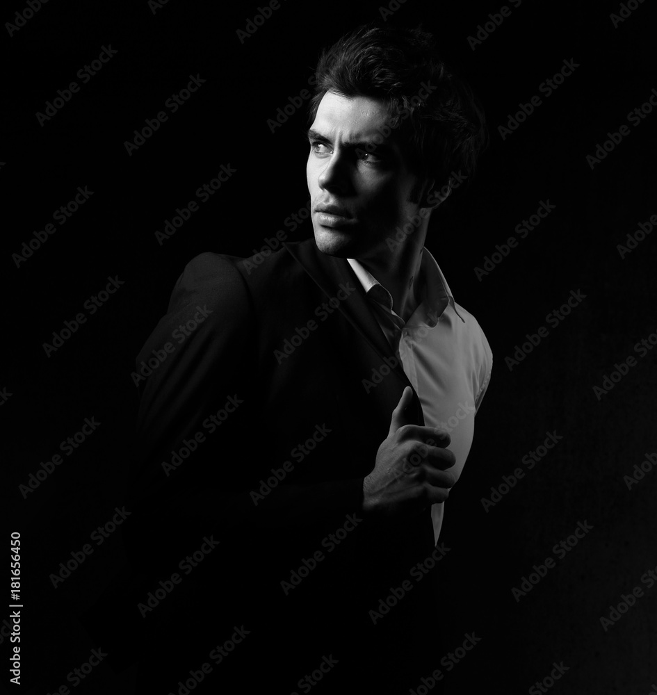 Thinking depression charismatic man looking up on dark shadow dramatic ...