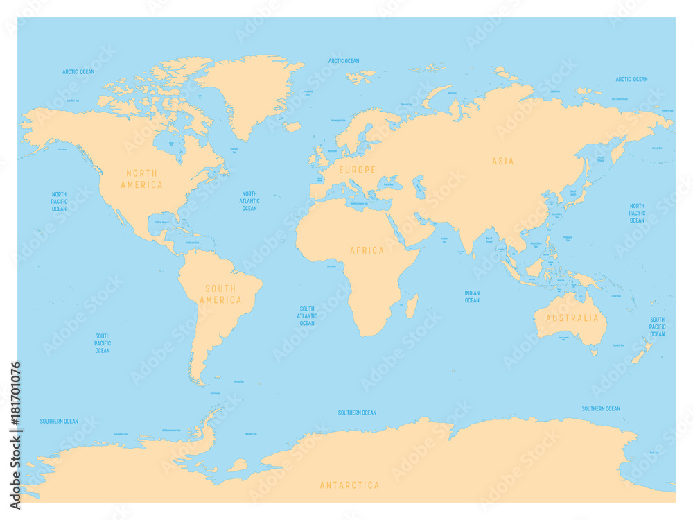 Image vectorielle Stock Hydrological map of World with labels of oceans ...
