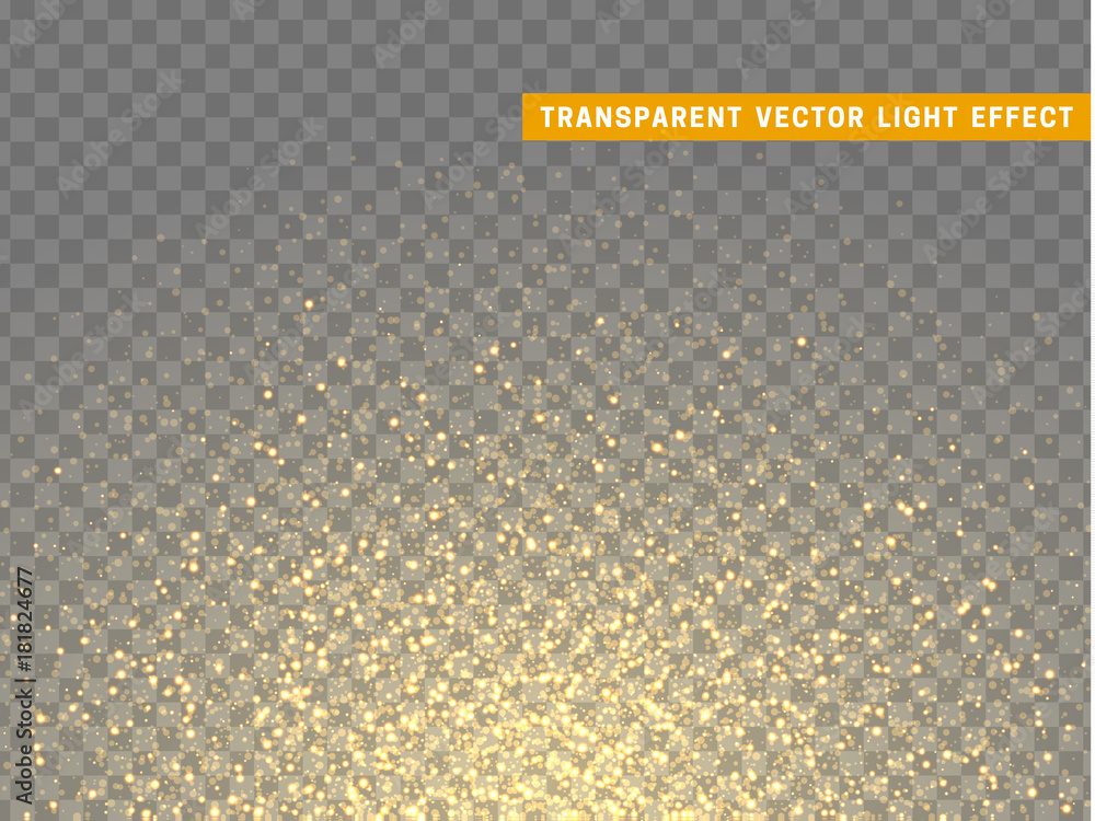 Gold glitter particles on transparent background. Golden glowing lights ...
