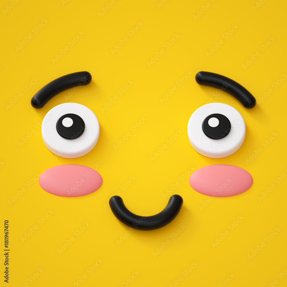 3d render, cute emotional cartoon face, shy smiley kid, adorable smile ...