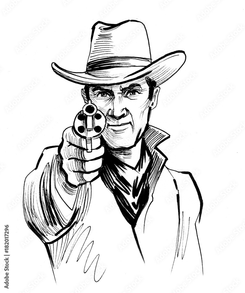 Cowboy pointing a revolver gun at viewer. Ink black and white ...