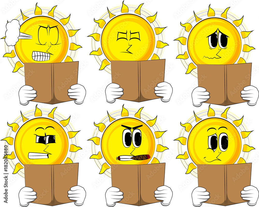 Cartoon sun reading a book. Collection with sad faces. Expressions ...