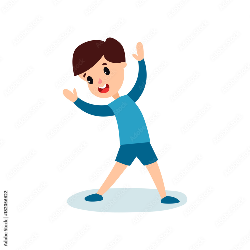 Smiling little boy character doing sport exercise, kids physical ...