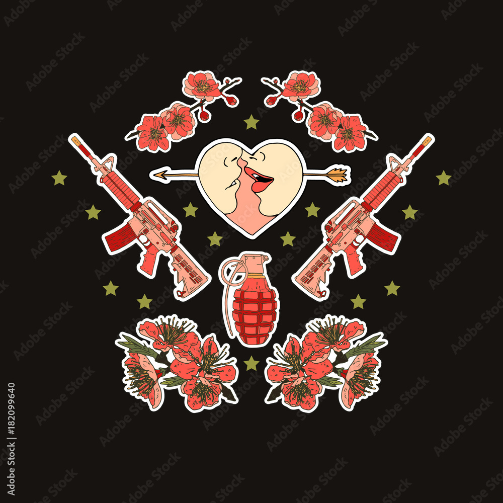 Military patch badges with rifles, eagle,flower and other elements. Set ...