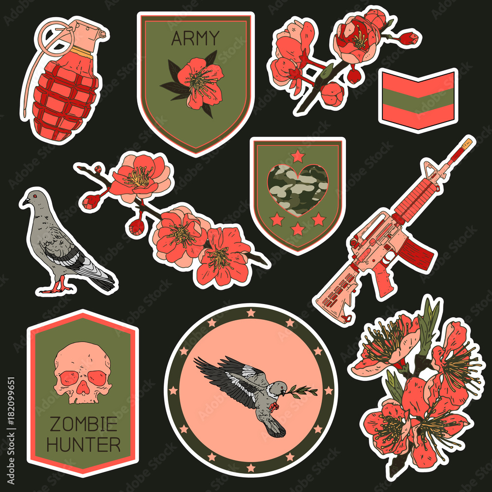 Set of military and army patches elements. Set of stickers, pins ...