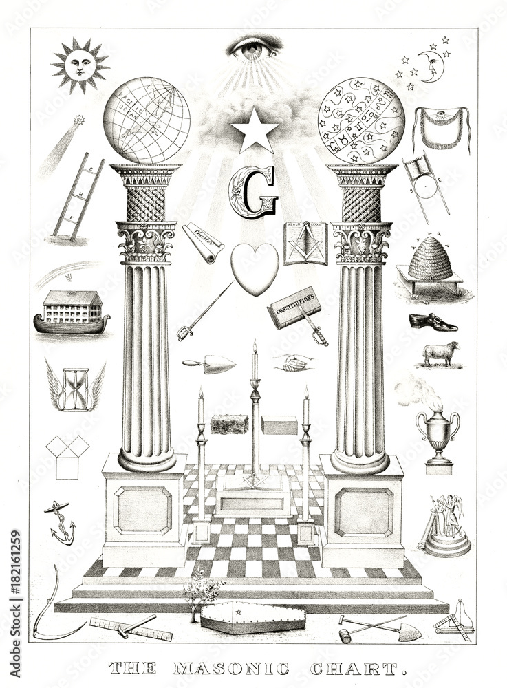 Ancient reproduction of collection of masonic symbols. Old illustration ...