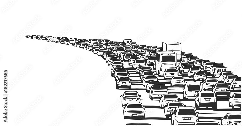 Illustration of rush hour traffic jam on freeway in black and white ...