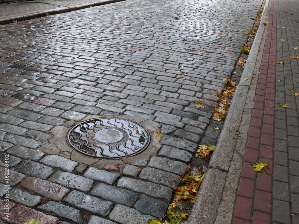 The wet hatch decorated with wavy lines, the stone pavement, the part ...