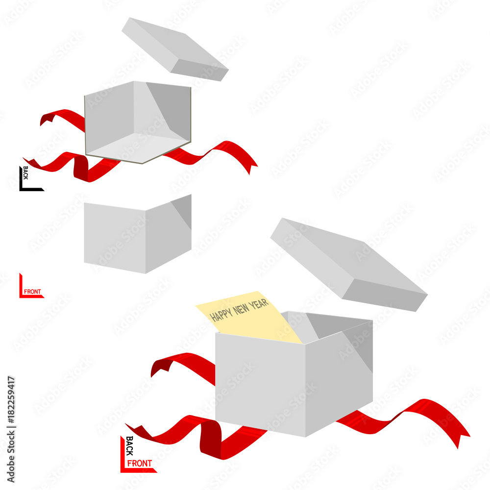 Component of opened white gift box. Front and back are perfect assembly ...