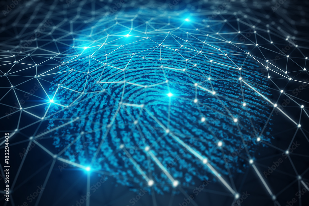3D illustration Fingerprint scan provides security access with biometrics identification ...