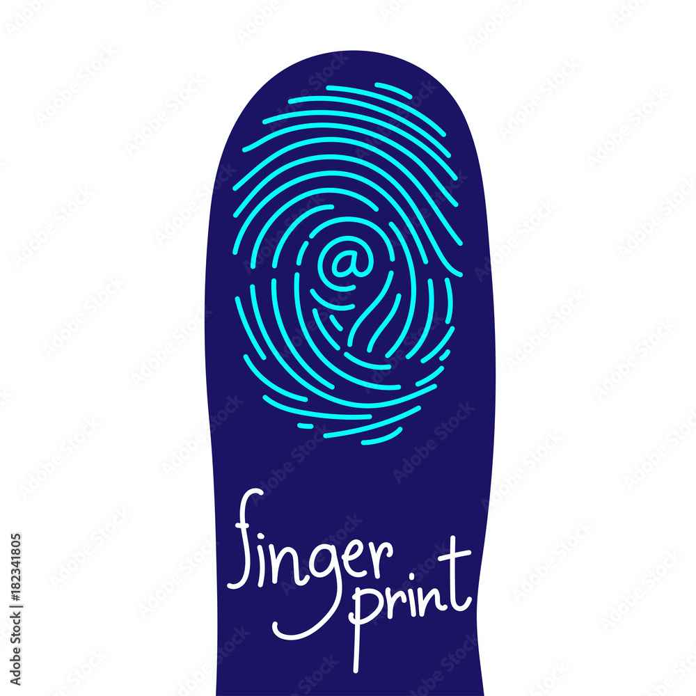 Fingerprint scan on finger silhouette set with At sign symbol concept ...
