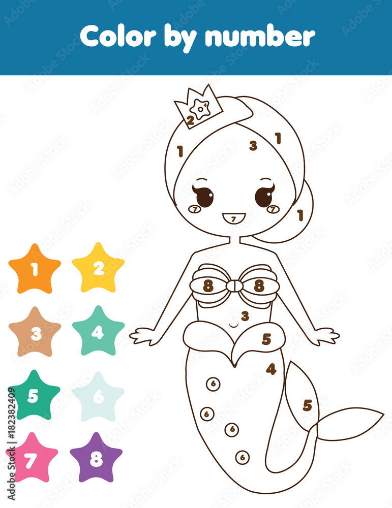 Children educational game. Coloring page with mermaid. Color by numbers ...