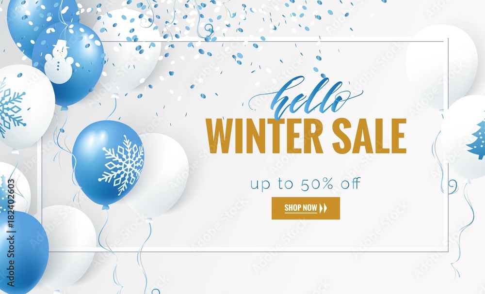 Hello winter sale design template. Holiday winter background with white ...