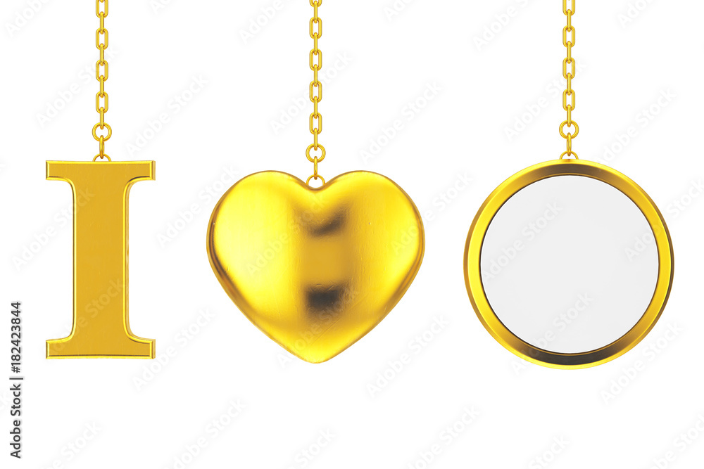 Hanging by Chain I Love Something Sign as Golden Heart and Blank Badge ...