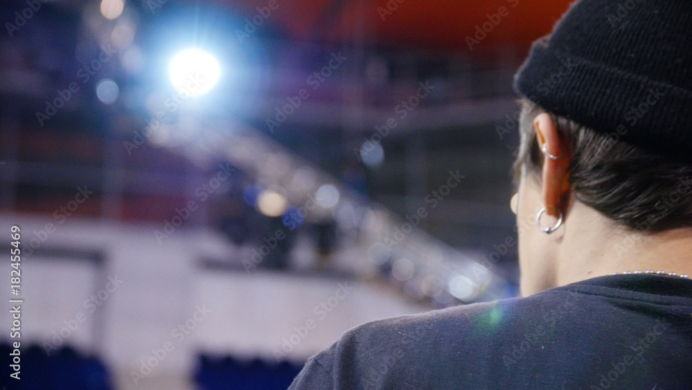 Stage lights. Soffits. Concert light. Illuminated concert stage without ...