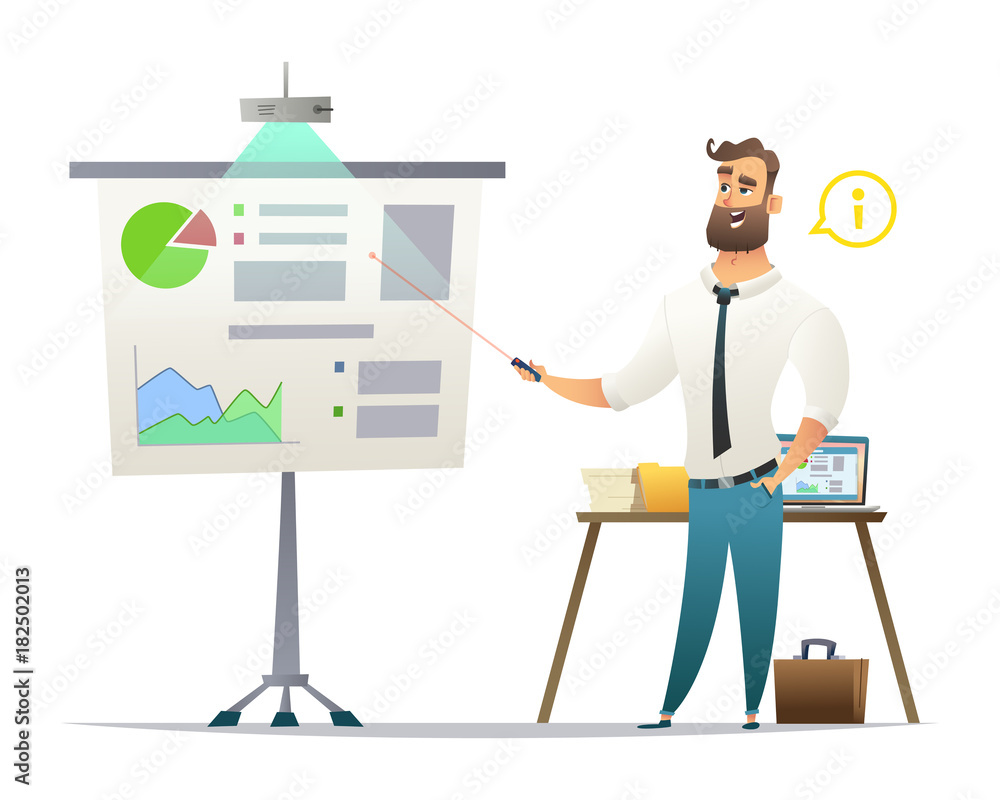 Businessman pointing on diagrams and graphs, cartoon flat-style vector ...