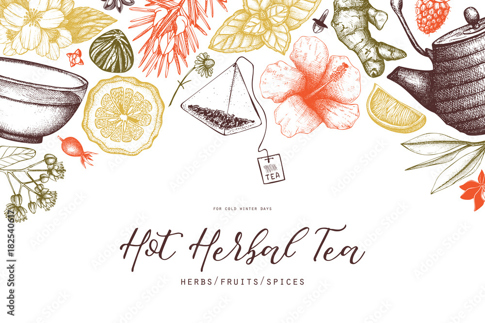 Vector card design with hand drawn tea illustration. Decorative inking ...