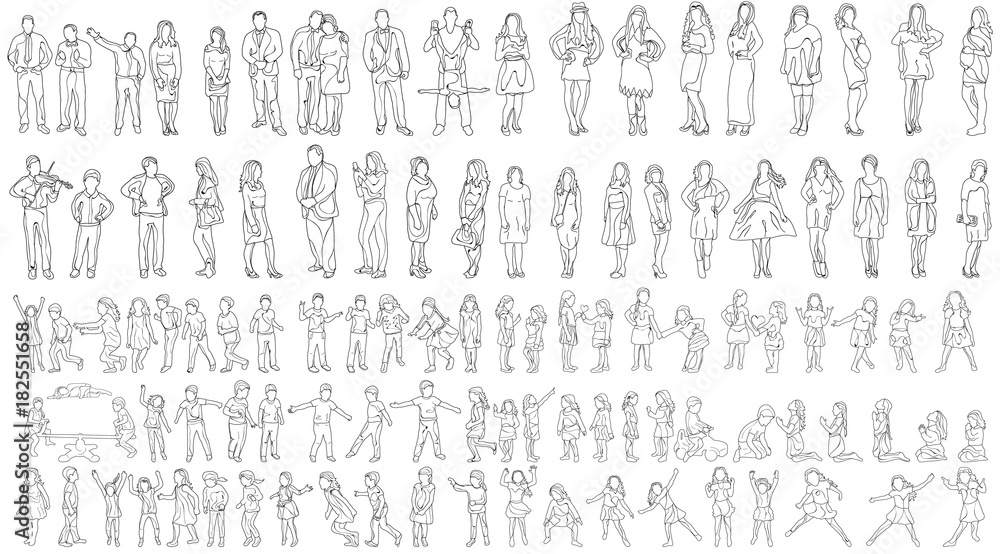 vector, isolated large set of people sketches, collection of outlines ...