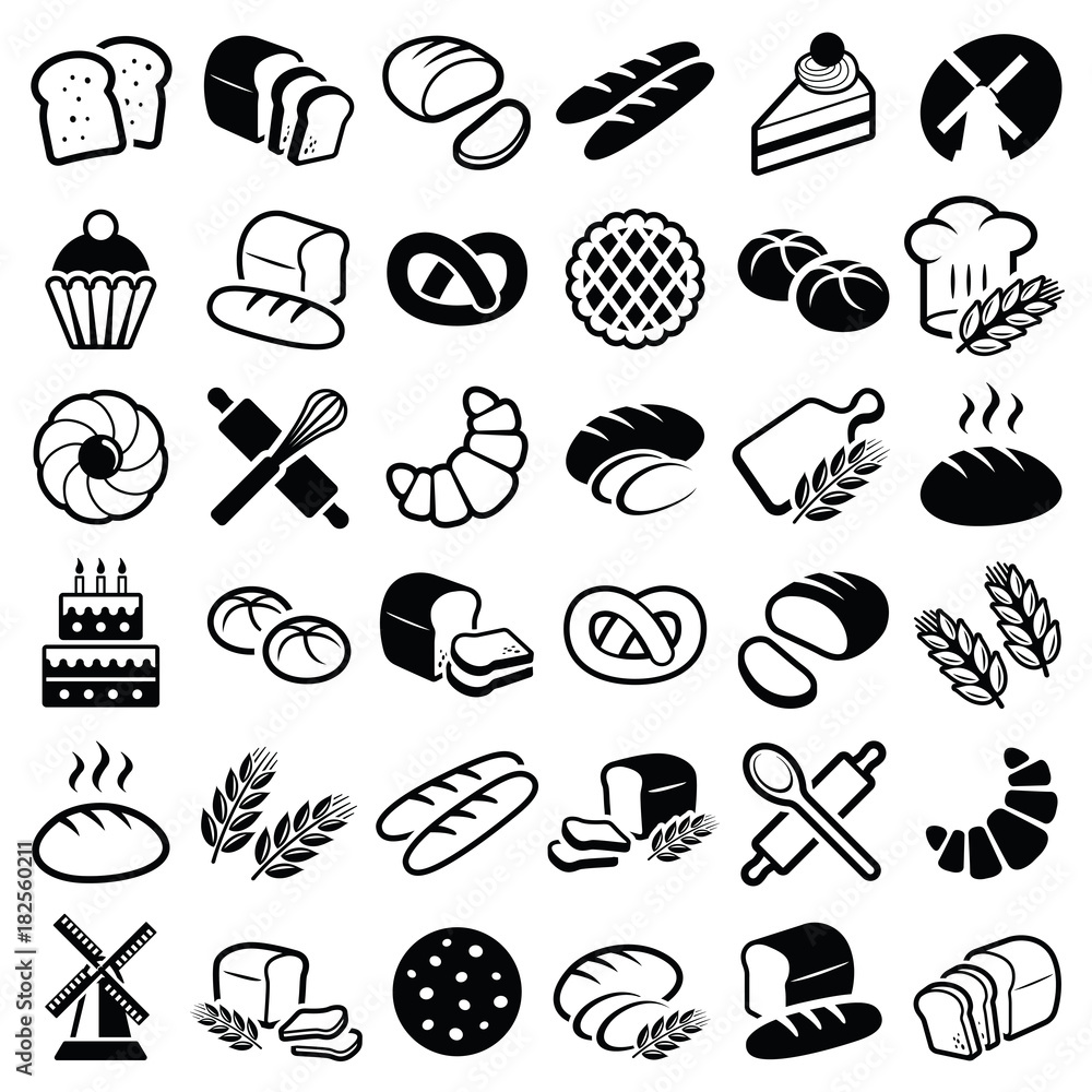 Bakery icon collection - vector outline illustration and silhouette ...