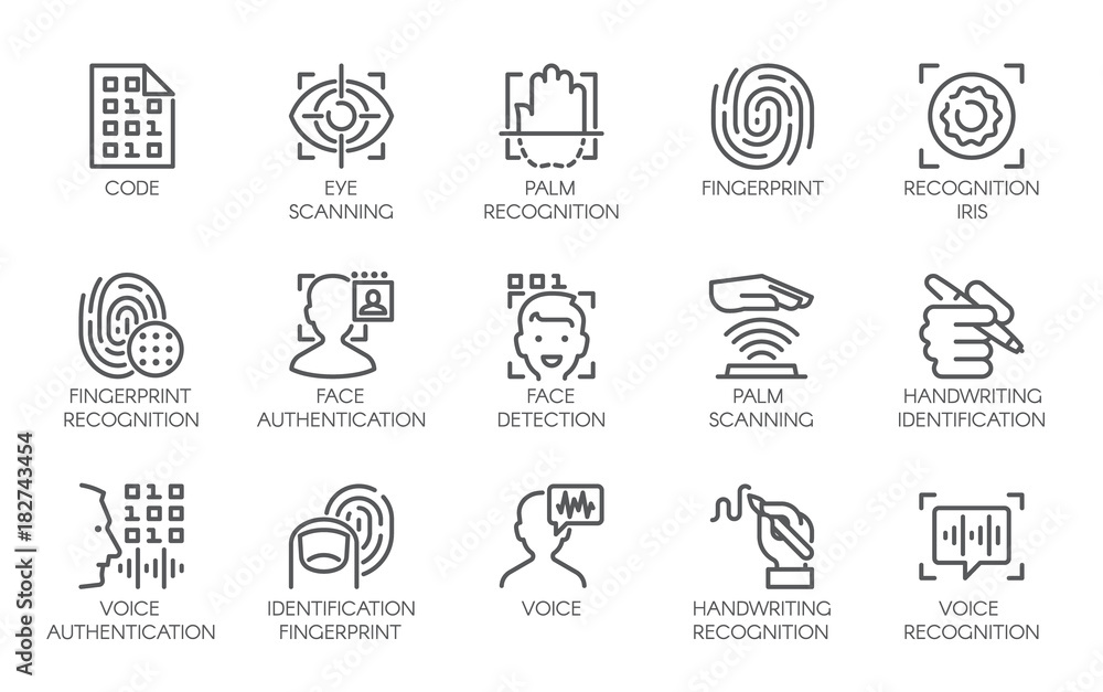 Line icons of identity biometric verification sign. 15 web label of ...
