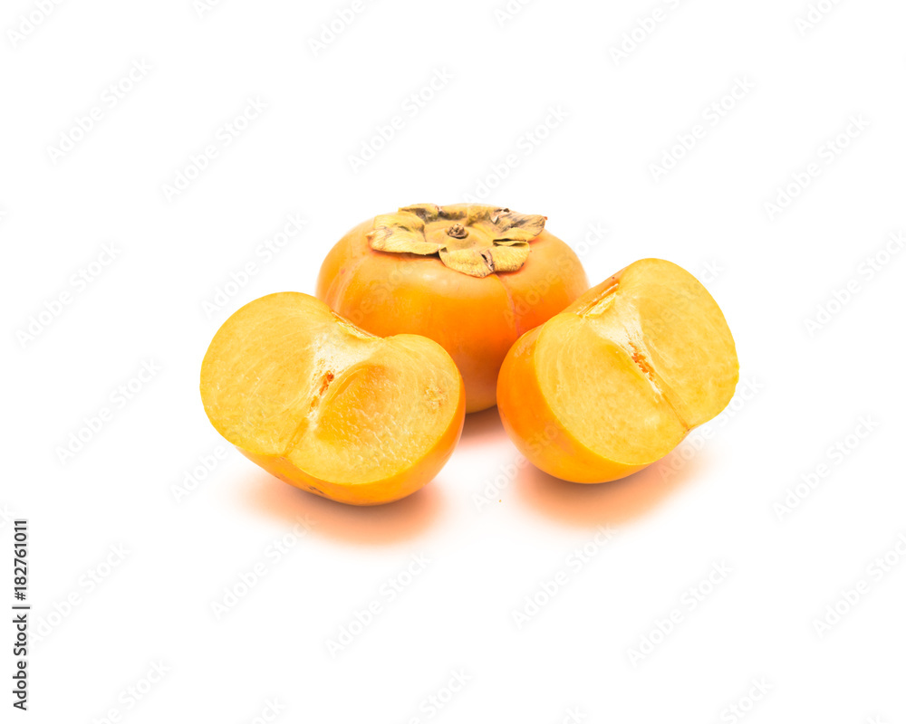 Fuyu persimmon with half cuts isolated on white background. Fresh raw ...