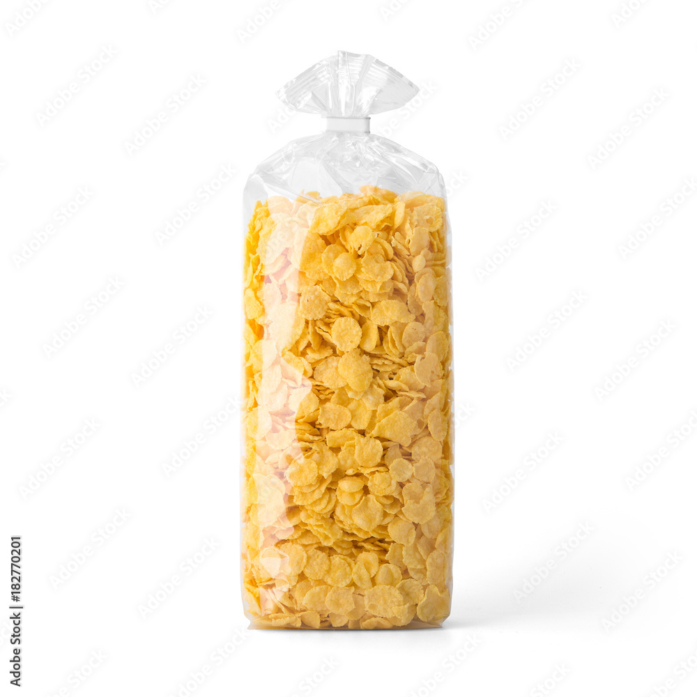 Corn flakes in transparent plastic bag isolated on white background ...