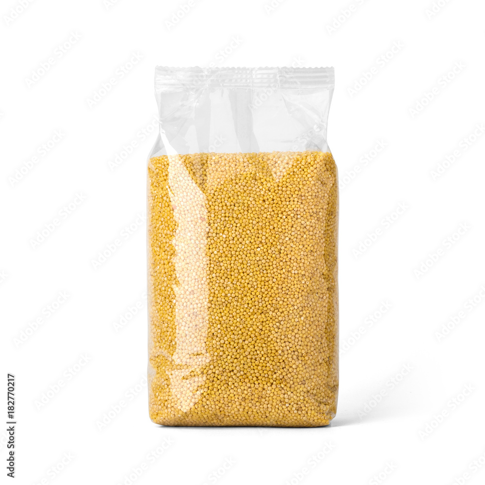 Millet groats in transparent plastic bag isolated on white background ...