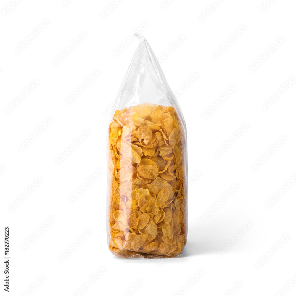 Corn flakes in transparent plastic bag isolated on white background ...