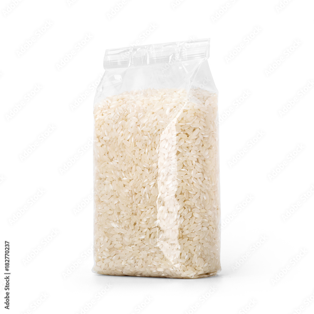 Rice in transparent plastic bag isolated on white background. Packaging ...