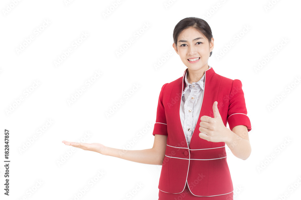 Portrait of Asian Air Hostess posing with White background, Woman stand ...
