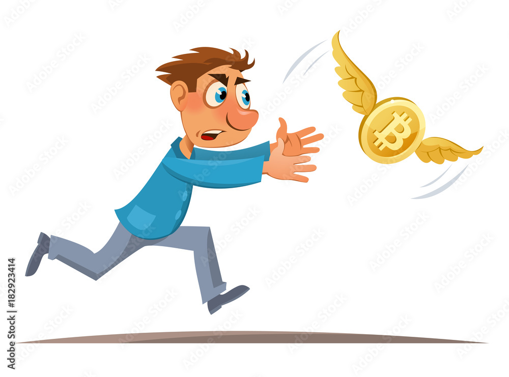 Digital currency. Cartoon man trying to catch bitcoin. Cartoon styled ...