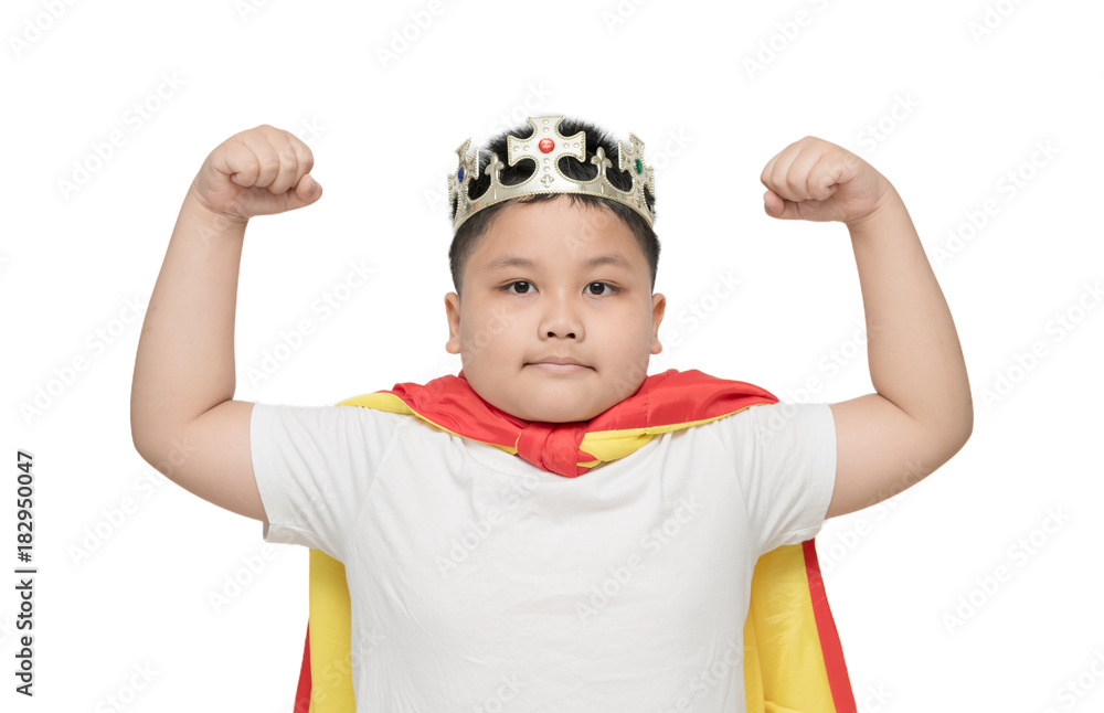 cute obese boy is showing muscle; isolated Stock Photo | Adobe Stock