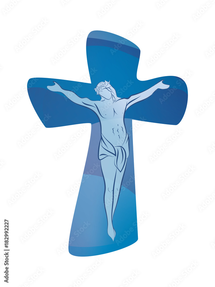 Christian cross with crucified jesus on blue background. Crucifix ...