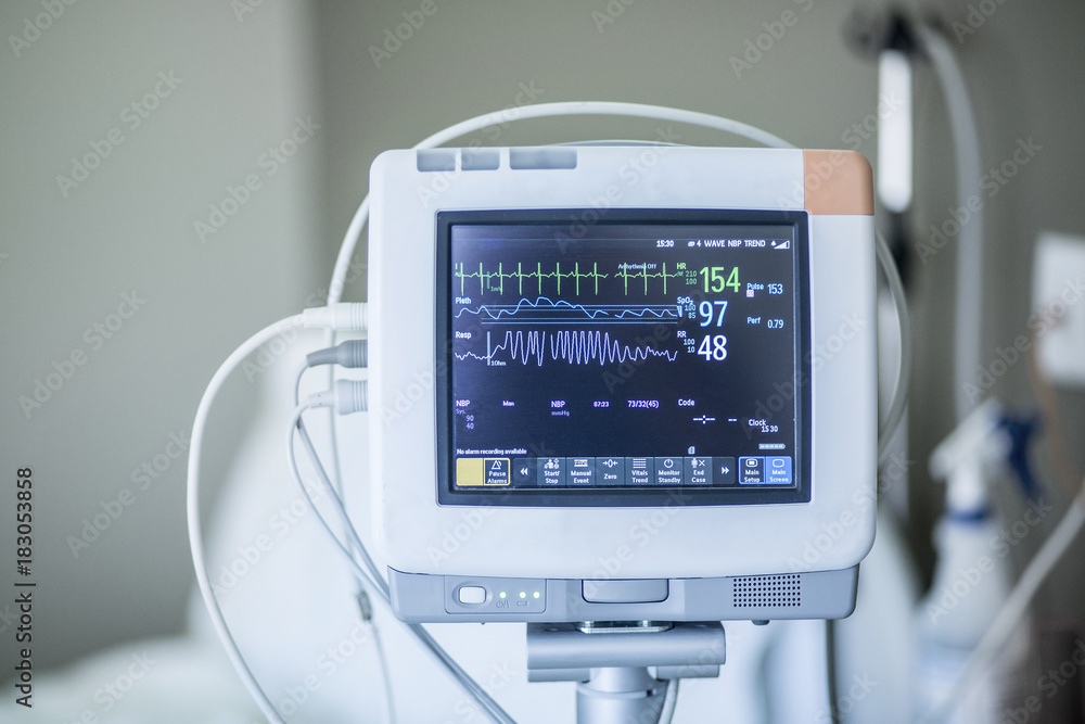 Medical vital signs monitor instrument in a hospital. This health care ...
