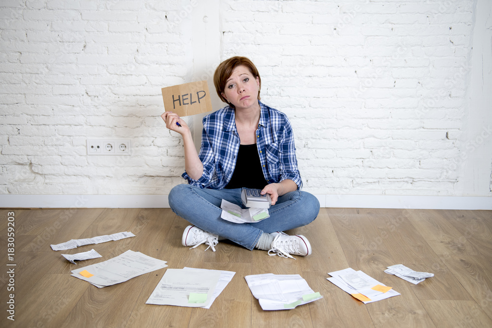 crazy stressed woman with calculator and bank and bills paperwork and ...