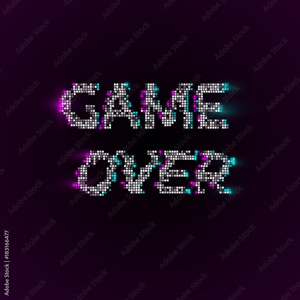 Vector game over phrase in pixel art style with glitch VHS effect ...