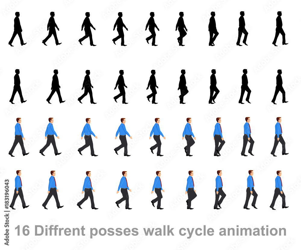 business man walk cycle sprite sheet, Animation frames, silhouette ...