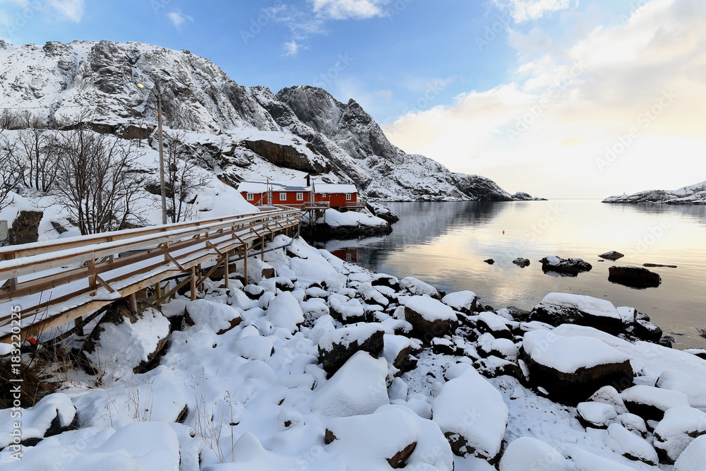 Red rorbuer fishing huts-Vika area S.of Nusfjord fishing village ...