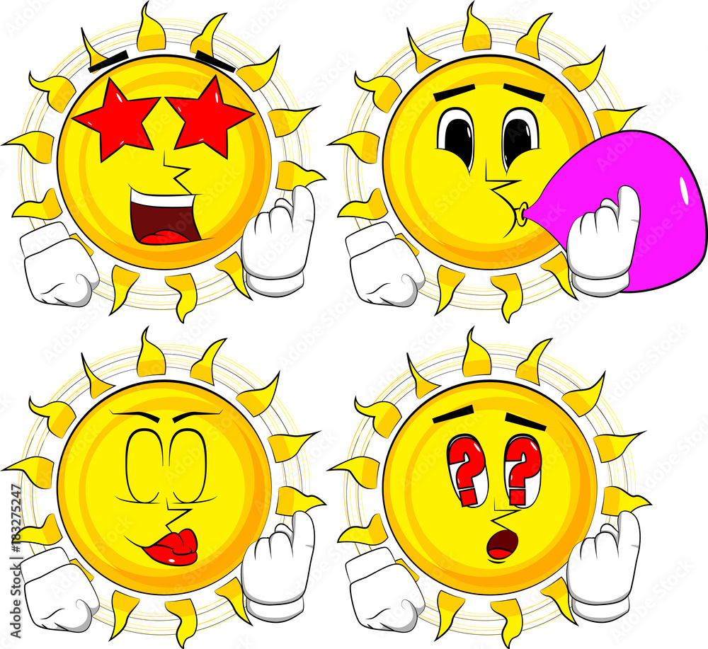 Cartoon sun inviting to come there. Collection with various facial ...