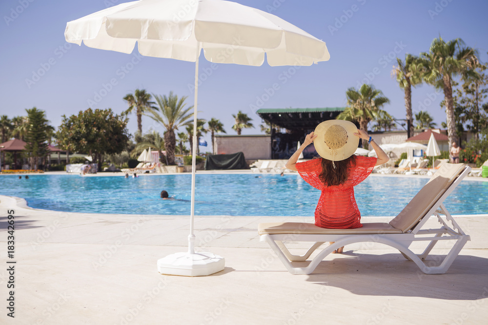 Beautiful ordinary simple fit slim caucasian brunette woman in red ...