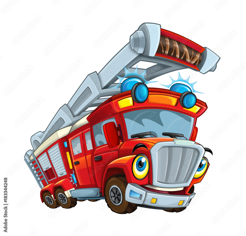 Cartoon happy and funny cartoon fire fireman bus looking and smiling ...