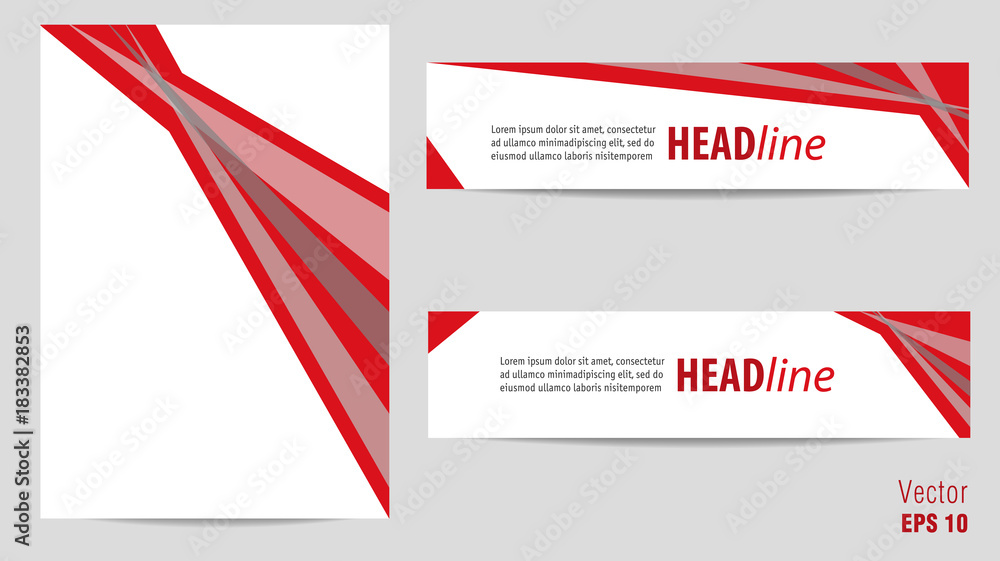 Cover A4 and two headers with bright red decor. Geometric backgrounds ...