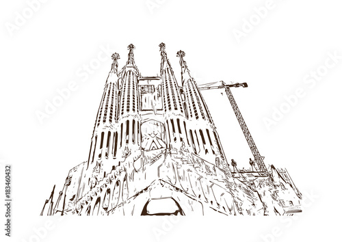 Hand drawn sketch illustration of Sagrada Família church Barcelona ...