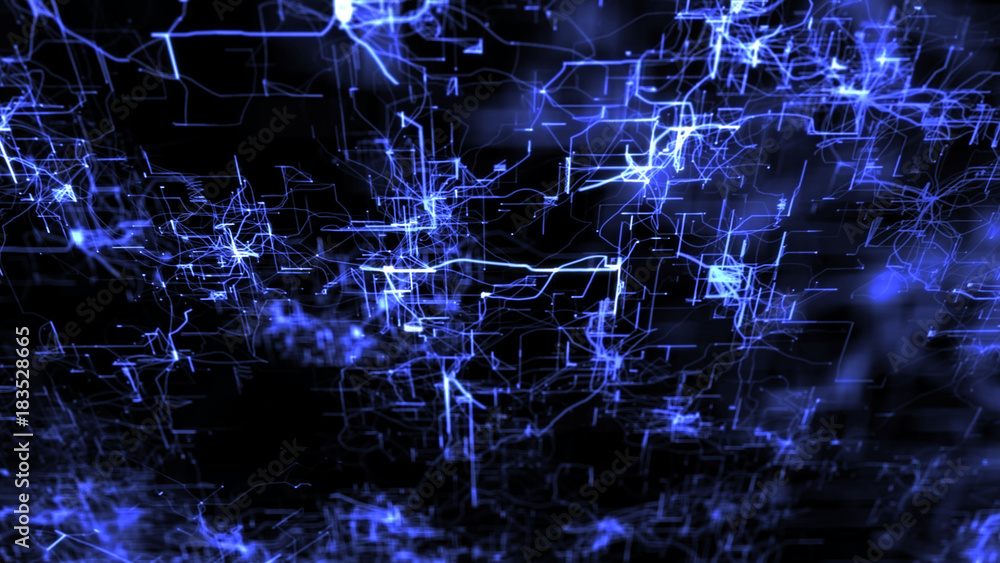 Blue glowing Artificial Neural Network. Electronic nodes, connected together with a synaptic ...