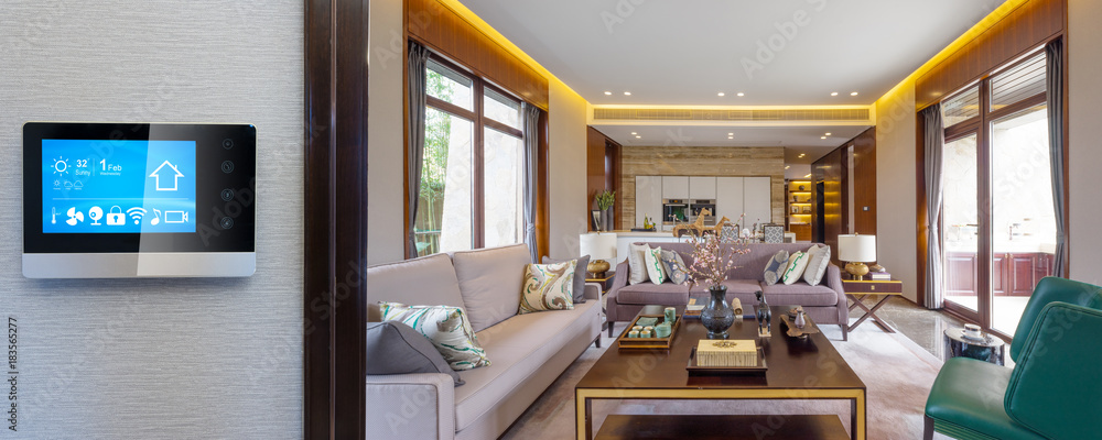 smart screen with smart home with modern living room Stock Photo ...